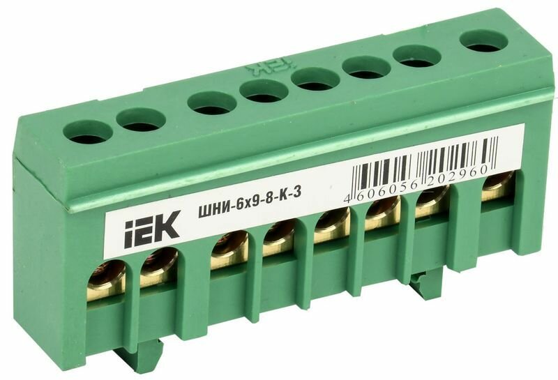 Шина земля IEK в корпусном изоляторе на DIN-рейку, ШНИ-6х9-8-К-З, зеленая