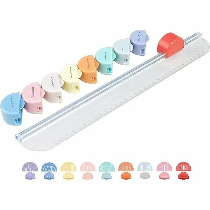 Линейка-резак 9 в 1 с радужными лезвиями: прямой, волнистый, перфорированный, пунктирный, биговка, рваный край, штамповка. Для скрапбукинга и рукоделия