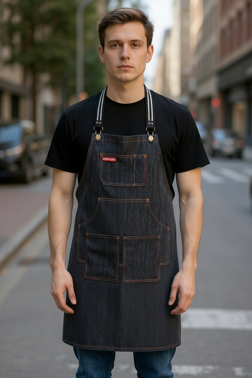 Фартук из плотной джинсы. Фартук, для баристов, для парикмахеров. Черный джинсовый