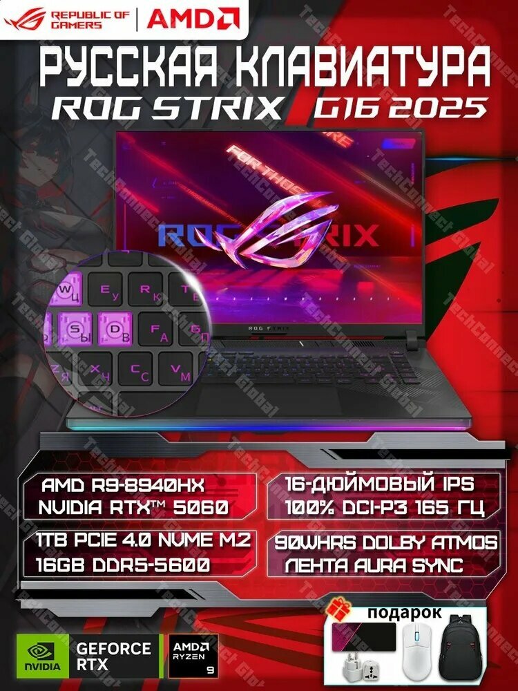 ASUS Игровой ноутбук 16", AMD Ryzen 9 8940HX, RAM 16 ГБ, SSD 1024 ГБ, NVIDIA GeForce RTX 5060 для ноутбуков (8 Гб), Windows Pro, серый, Русская раскладка