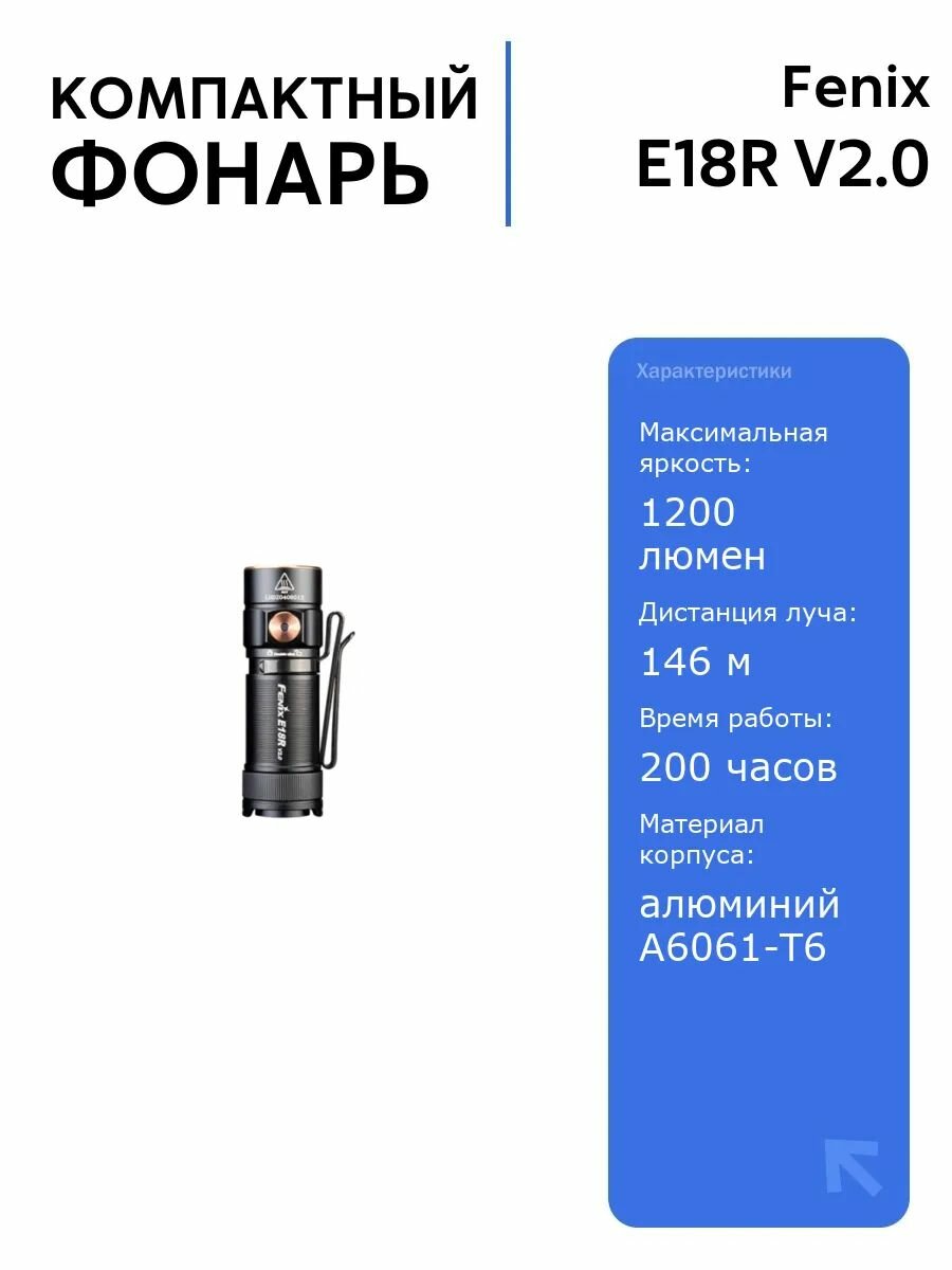 Фонарь Fenix E18R V2.0, 1200 люмен, USB, 6 режимов, для повседневного ношения, водонепроницаемый, IP68