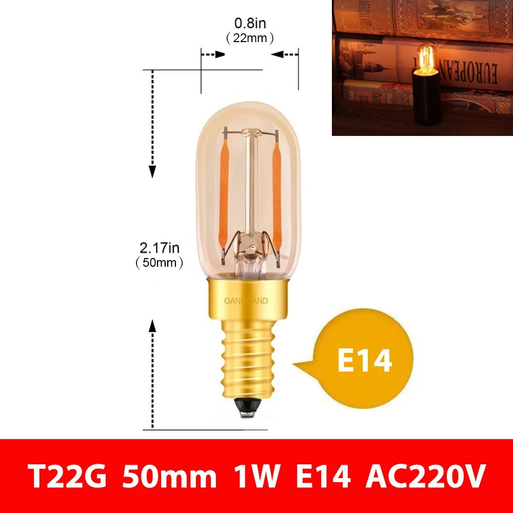 Светодиодная лампа E14, T22G 1W, 220V, теплый белый
