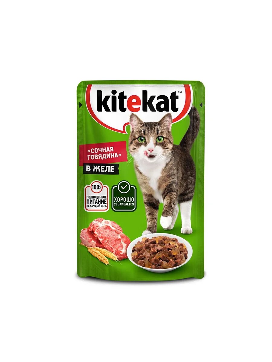 Влажный корм Kitekat Сочная говядина в желе для кошек 85 г