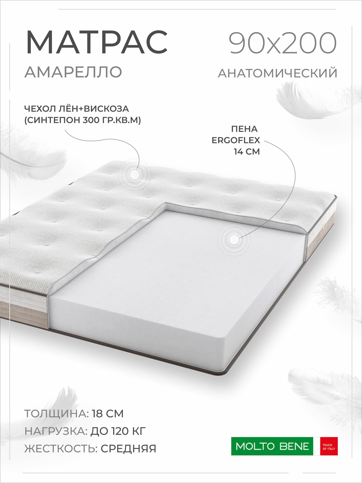 Матрас 90х200, анатомический, беспружинный, амарелло