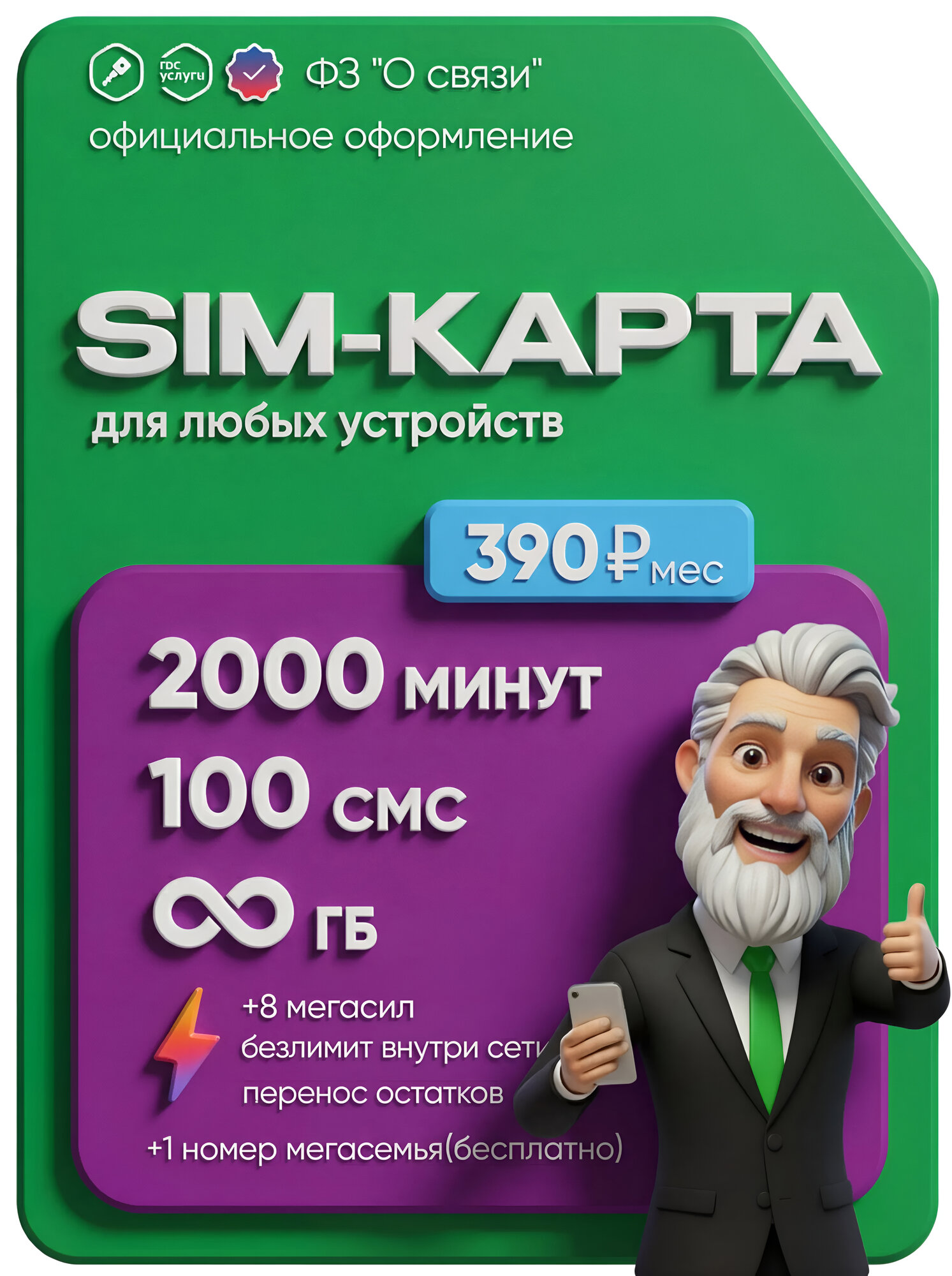 Мегафон SIM-карта тариф "Секретный" 390р/мес, безлимитный интернет