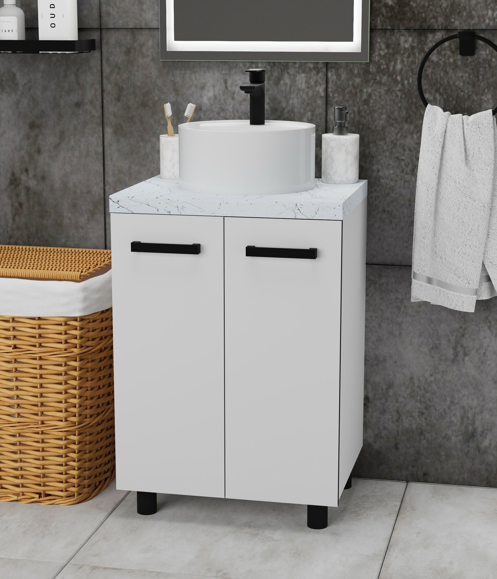 Напольная Тумба Лофт 60 стандарт с белом цвете со столешницей МДФ с доводчиками