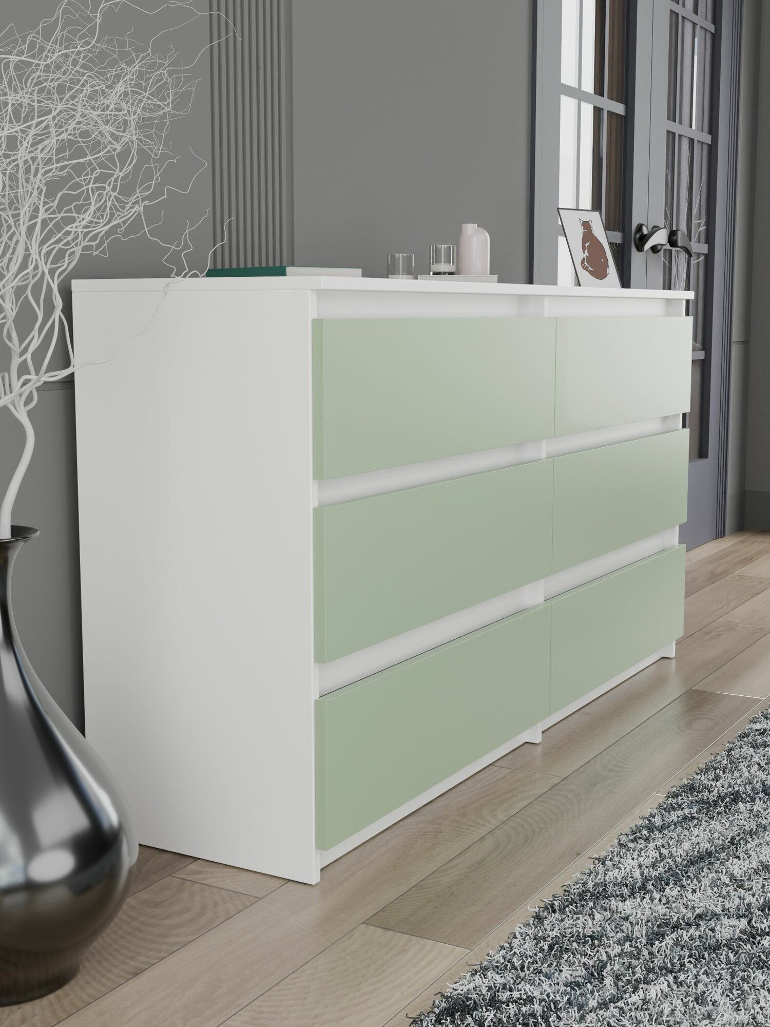 Комод для белья и одежды орлан 6 ящиков, 140х76.4х40 см, белый-мятный