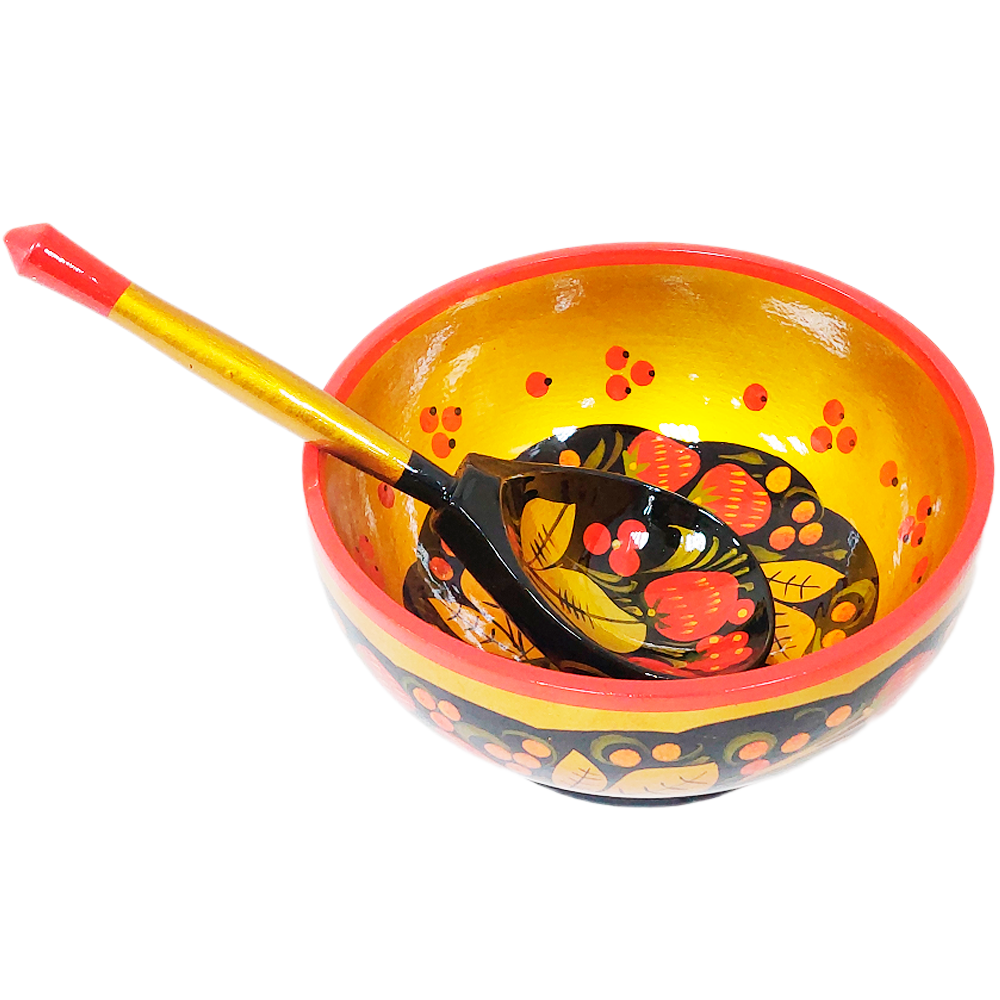 Деревянный салатник ручной работы, "Хохлома", с ложкой, 500мл.