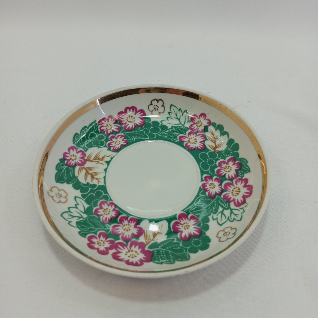 Винтажное блюдце Летний сад Вербилки, фарфор деколь позолота 14 см, СССР