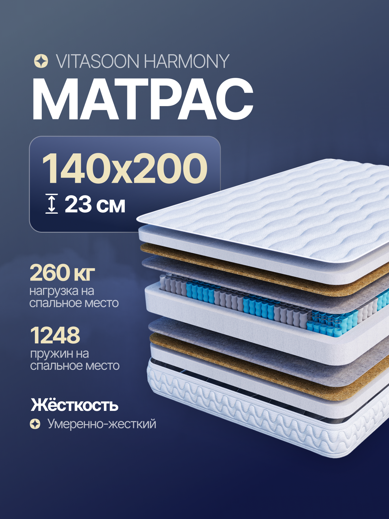 Матрас 140х200 ортопедический пружинный высота 23 см Vitasoon Harmony двуспальный