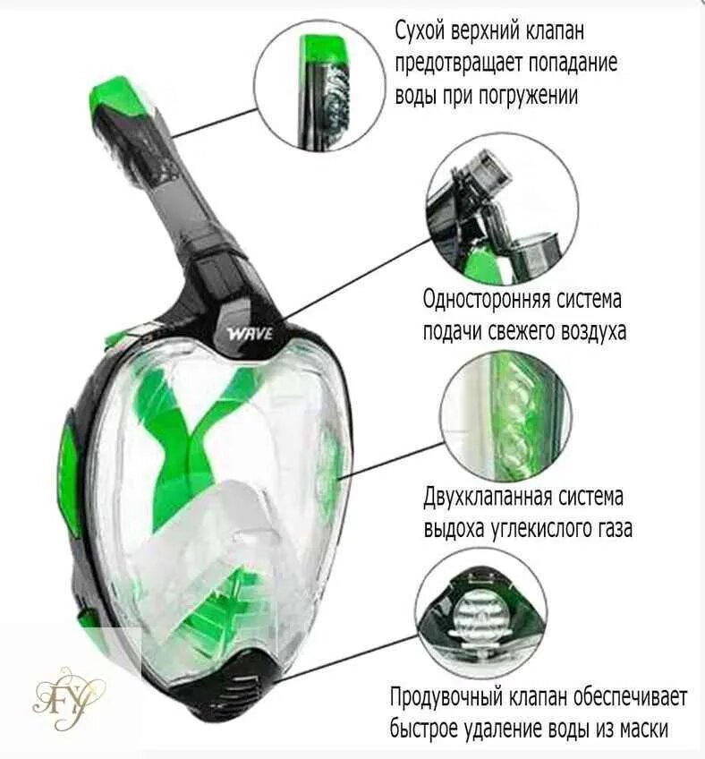 WAVE Полнолицевая маска для сноркелинга черная с салатовым универсальный размер — фото 1