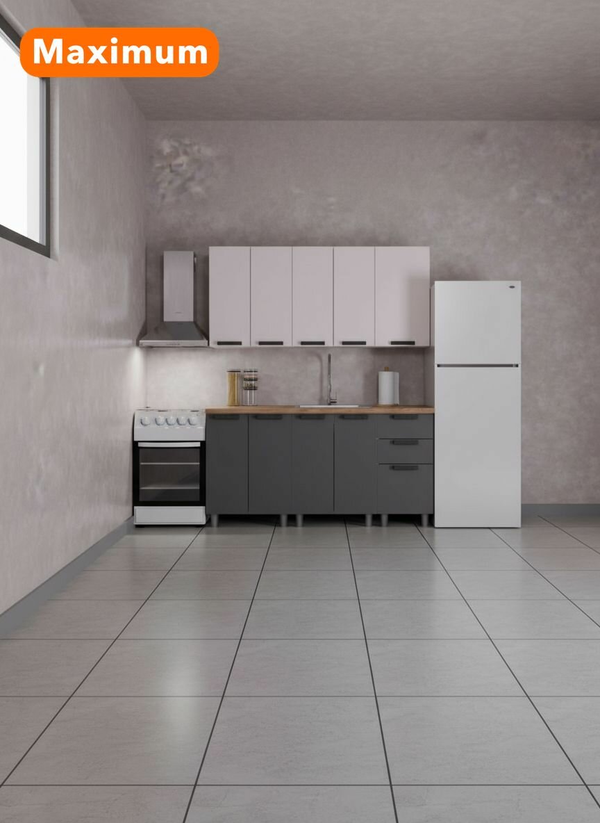 Кухня "Осака" 1,6м, черный матовый светло-серый