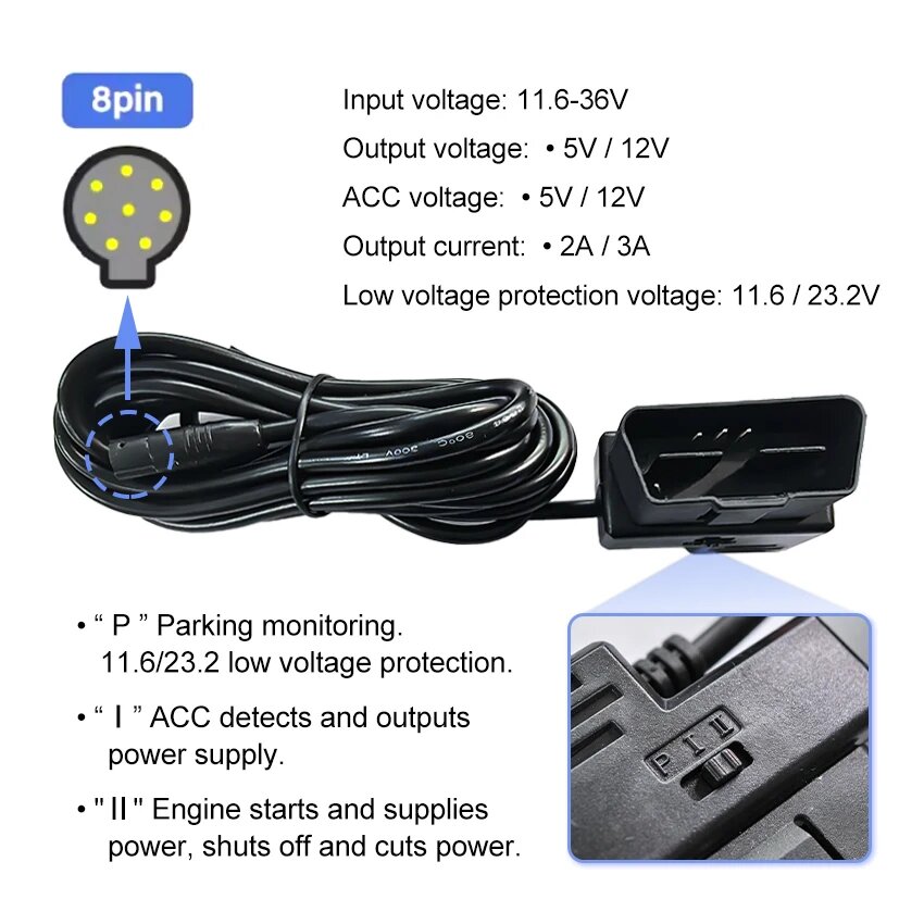 8-контактный OBD кабель USB 5V/12V 2A/3A