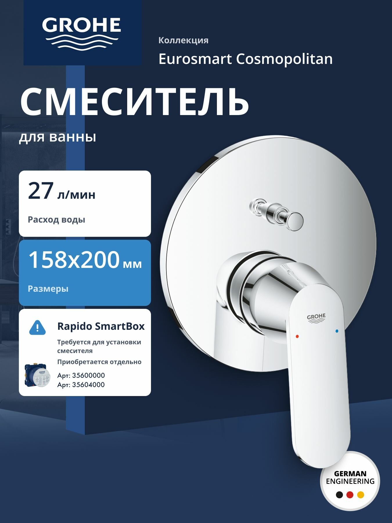 Внешняя часть смесителя для ванны GROHE Eurosmart Cosmopolitan с переключателем на 2 положения, хром (24045000)