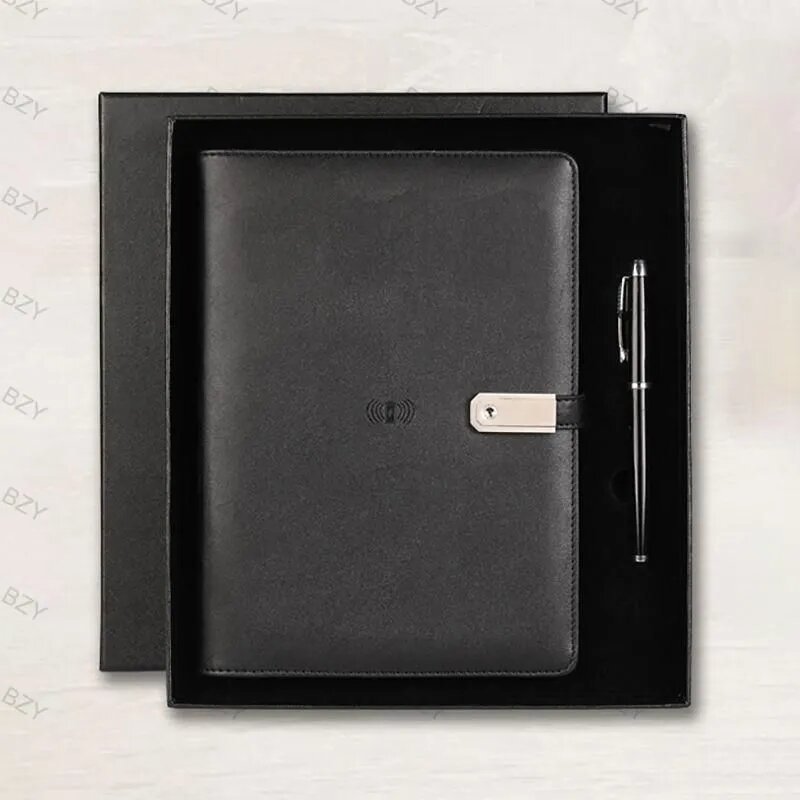 Ежедневник кожаный с беспроводной зарядкой и ручкой в подарочной коробке, черный