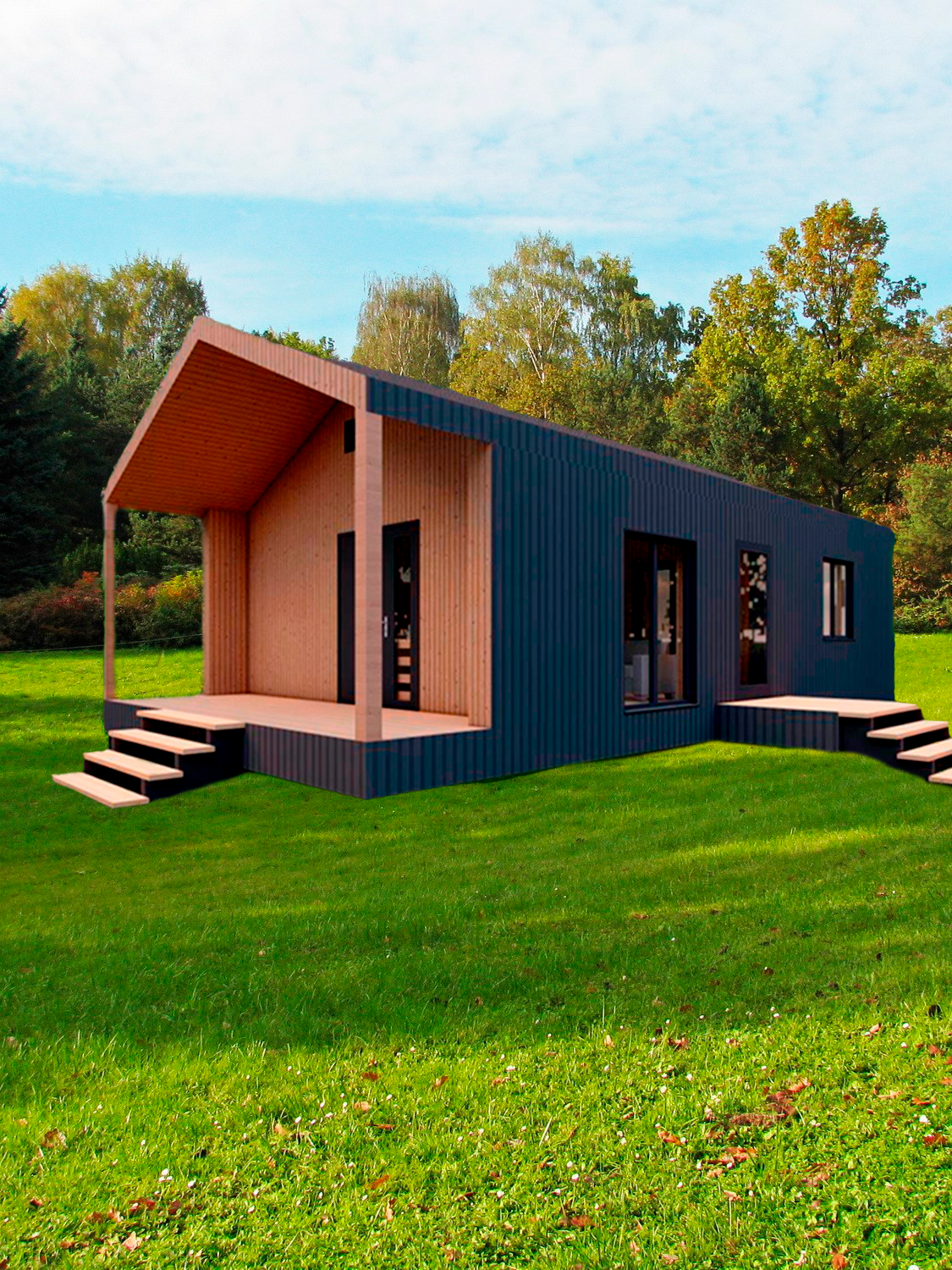 Проект одноэтажного каркасного дома с сауной и террасой 11,75х6,49 м