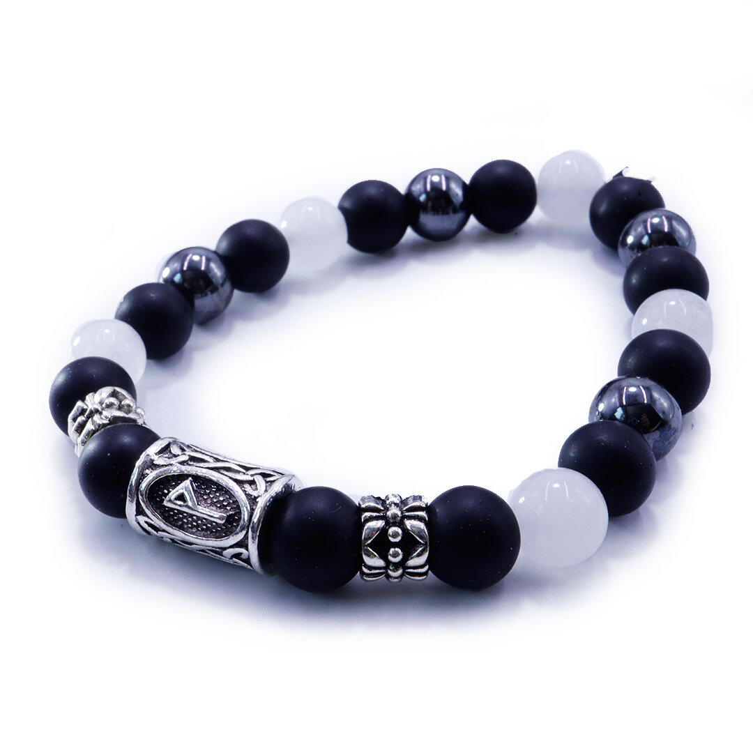 Браслет с Руной из камней Горный хрусталь, Шунгит, Гематит, на резинке (бусины 7-8 мм.)