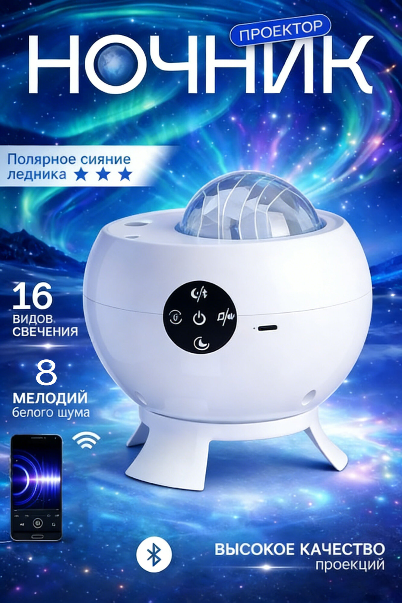 Умный проектор-ночник 7в1 с аккумулятором и Bluetooth Создайте северное сияние и звёздное небо в спальне Идеально для детского сна, медитации и романтических вечеров