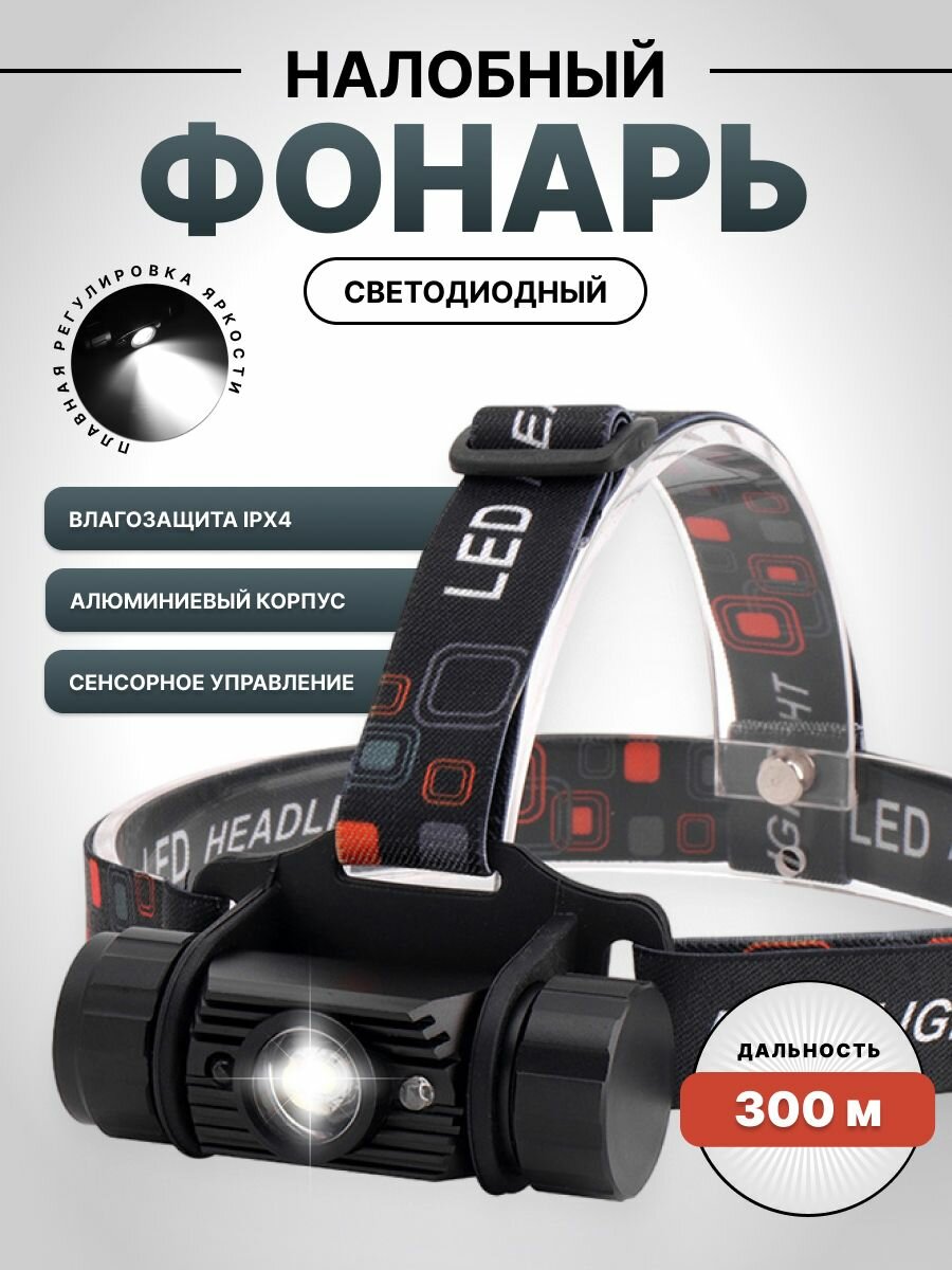 Фонарь налобный 18650 Type-C сенсорный с плавной регулировкой яркости без аккумулятора