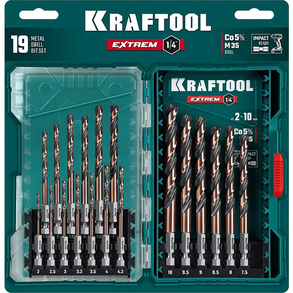 Набор сверл по металлу KRAFTOOL Impact Ready НЕХ-1/4, 19 шт, для винтовертов и шуруповертов 29652-H19