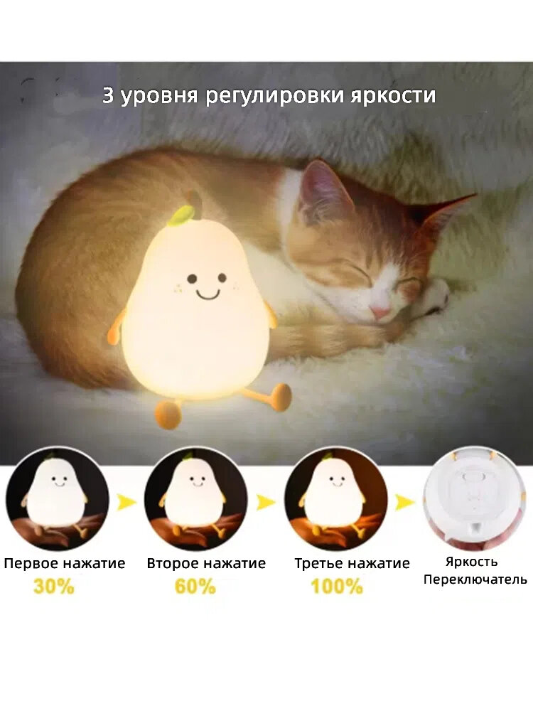 Ночник-груша с сенсорным управлением 7 цветов, регулировка яркости USB-зарядка, антистресс, силикон