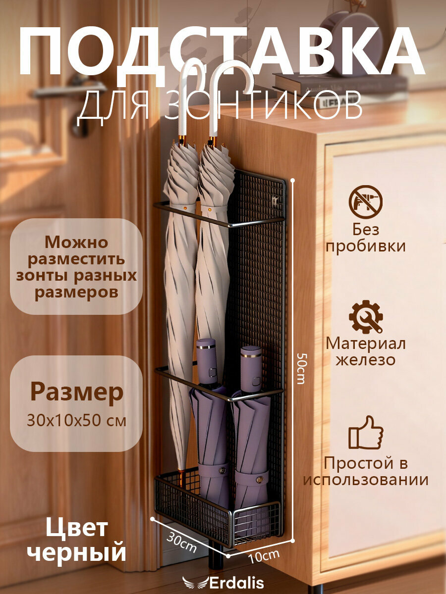 Подставка для зонтиков настенная без перфорации Зонтичный артефакт у двери, черное,30cm