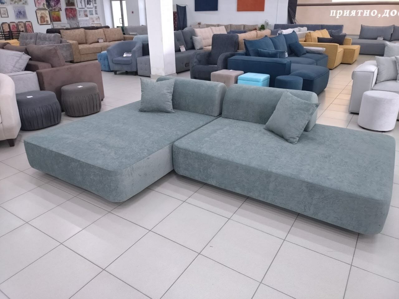 Диван модульный, дизайнерский, лофт, молодежный, качественный, ручная работа, ткань фактурный микровелюр, серо-зелёный 1303202601