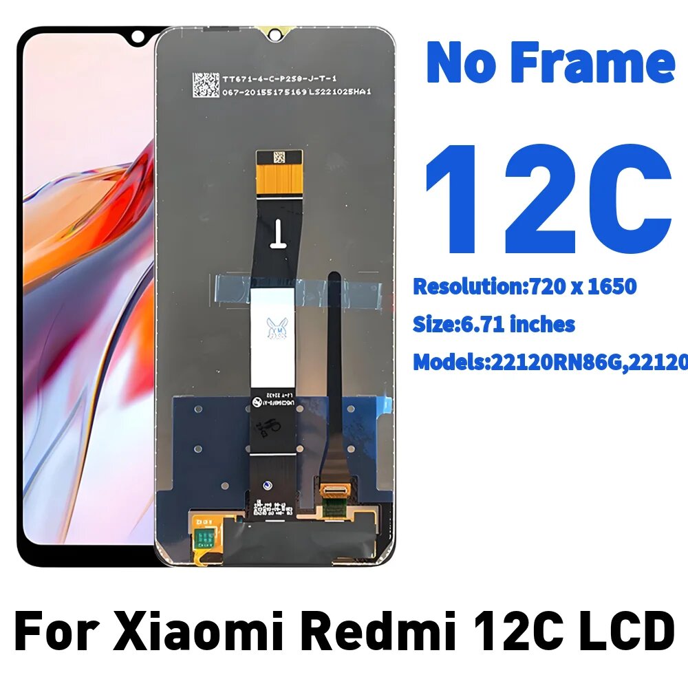 6,71 "высокое качество для Xiaomi Redmi 12C 4G 22120RN86G ЖК-дисплей с цифровым 12C Black No Frame