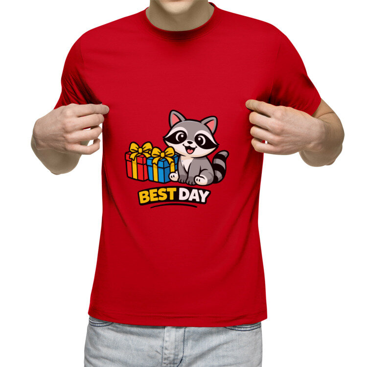 Мужская футболка «Енот рядом с подарками BEST DAY» (красный, XL)