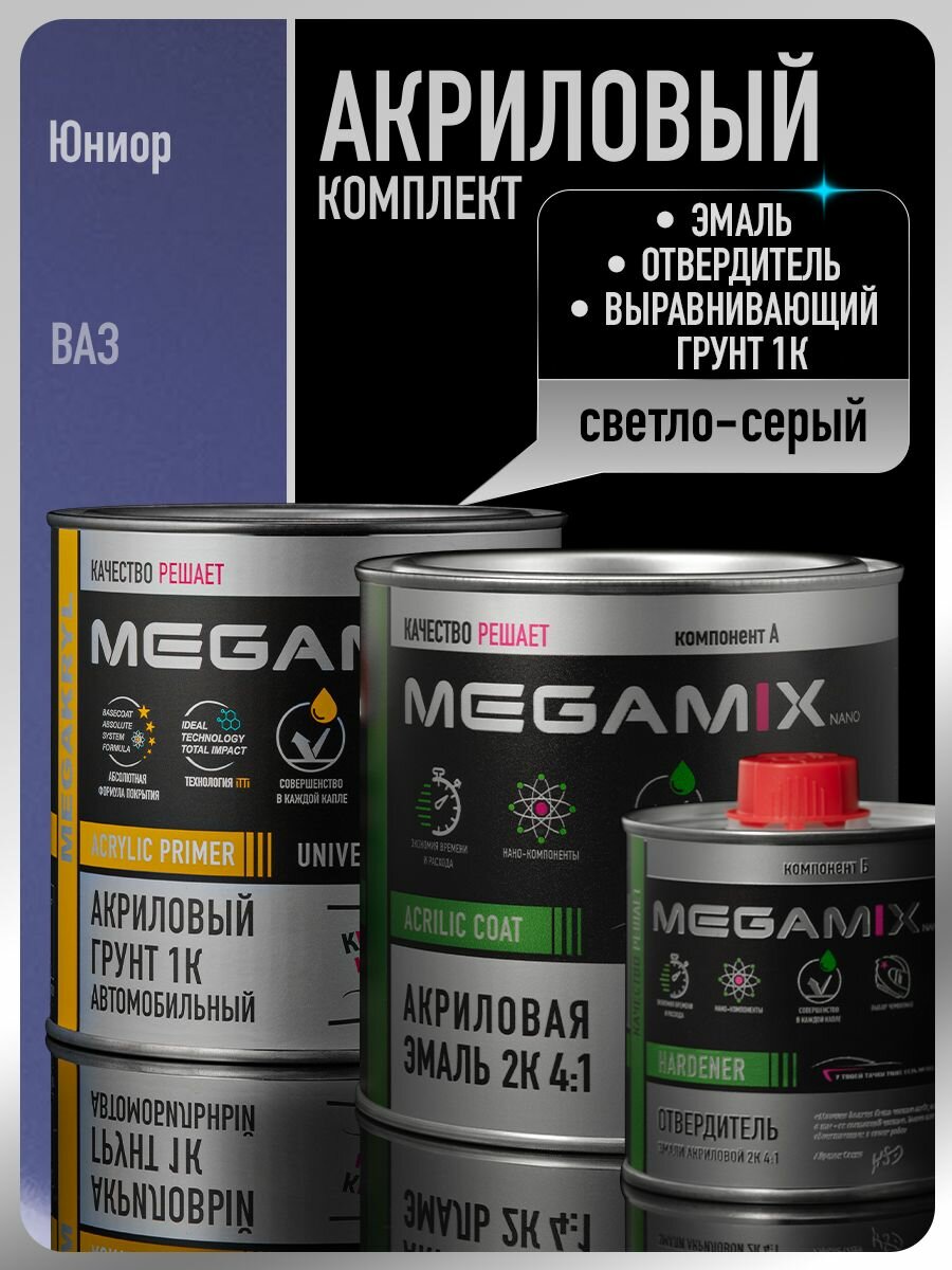 Комплект Акриловая краска автомобильная 2К , Юниор, 840мл + Отвердитель 2K 210 мл + Грунт акриловый 1К , светло-серый, 800 г