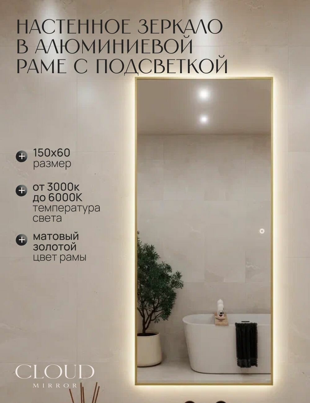 Зеркало 150х60 см. CLOUD MIRROR с подсветкой настенное сенсорное в алюминиевой раме, Золото