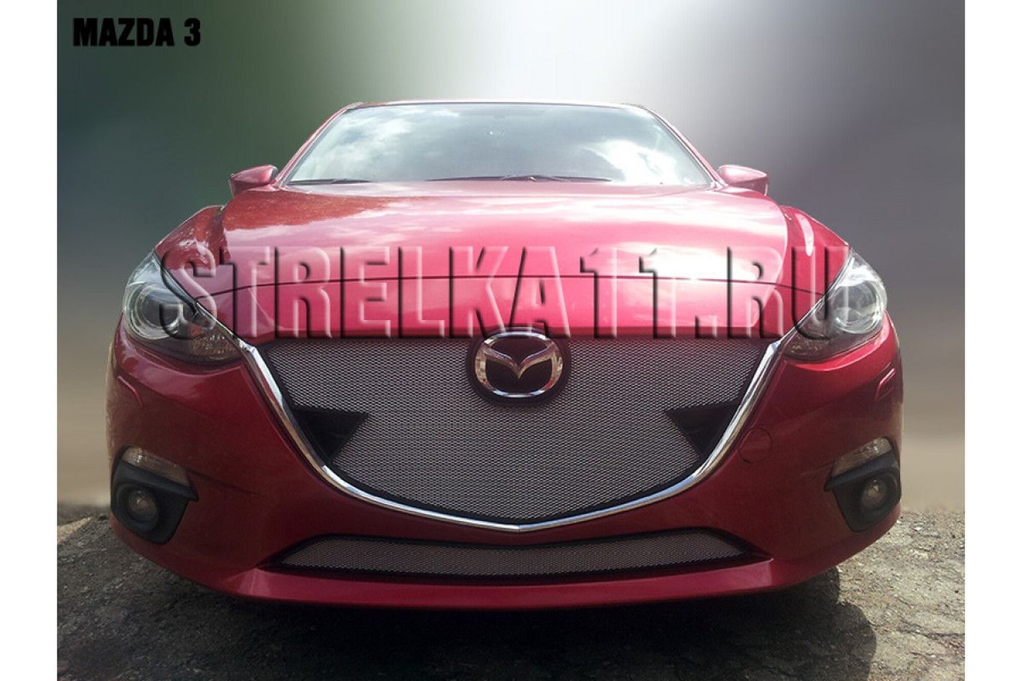 Защитная сетка радиатора с окантовкой и защелками для Mazda 3 2013-2016 (III), 2шт, с ПТ, хром