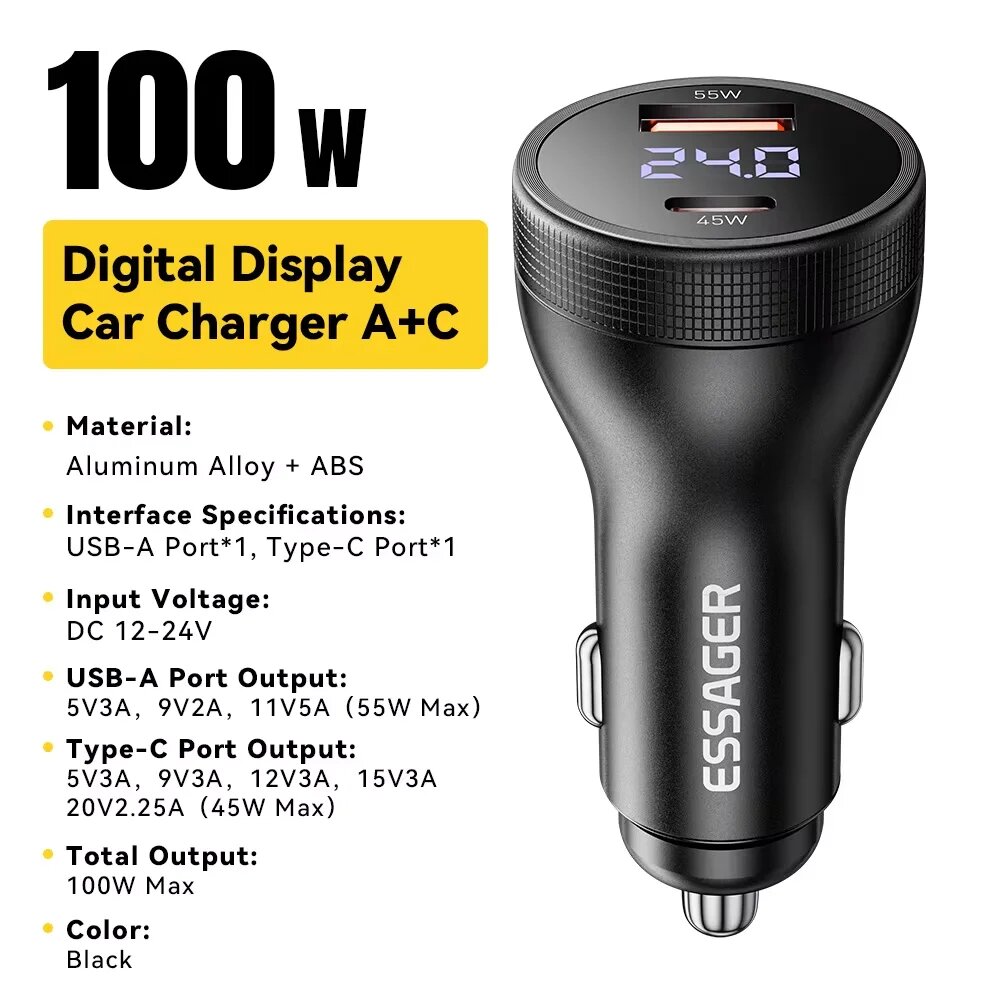 Автомобильное зарядное Essager 100W Digital Display USB Type-C, Black