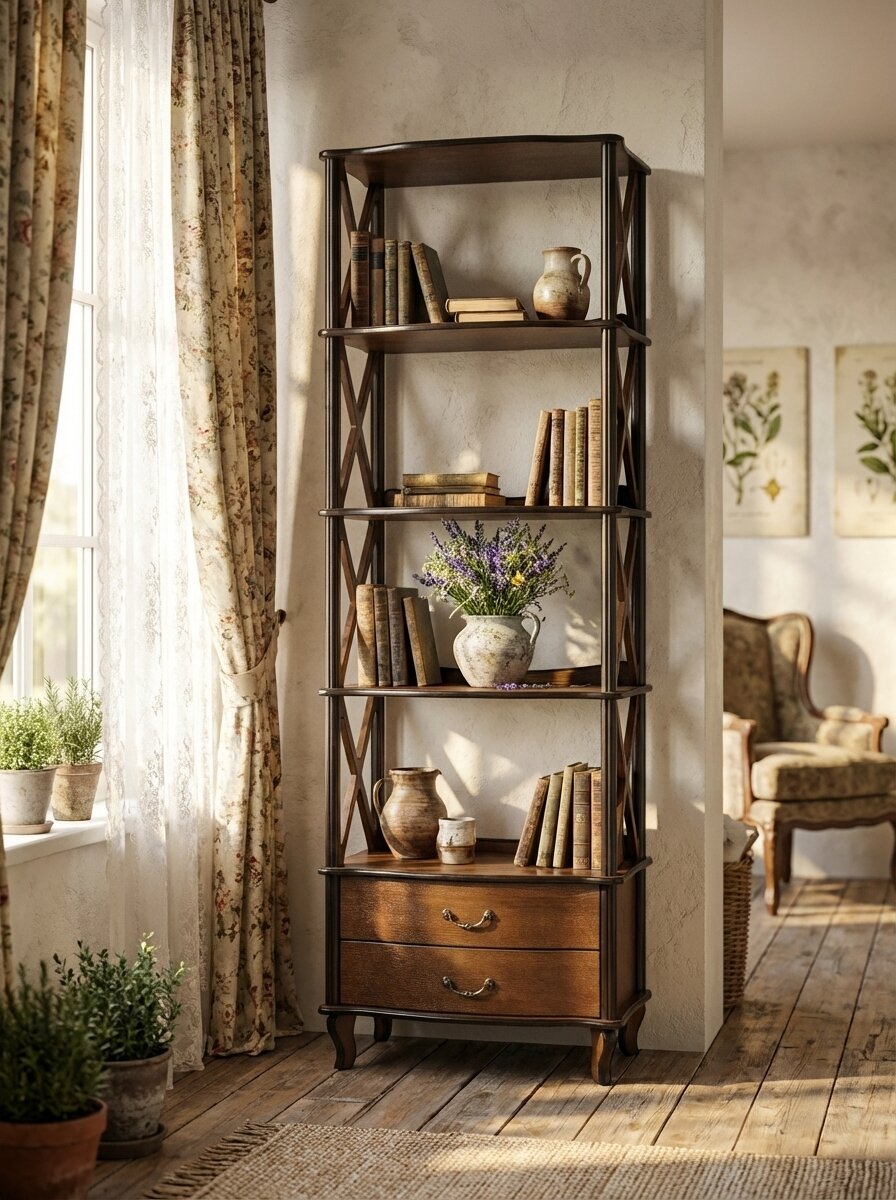 Этажерка Мебелик Джульетта-4 широкая, напольная, с ящиками и полками, для гостиной, цвет орех Л