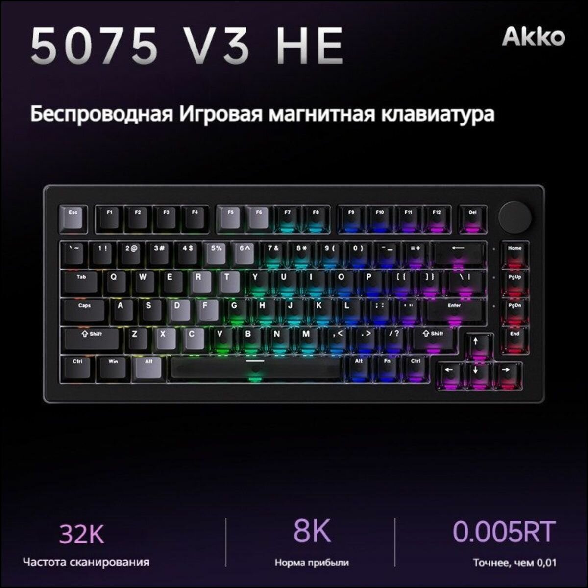 Беспроводная игровая клавиатура AKKO 5075 V3 HE с магнитными переключателями, премиум кастомизация через Gasket конструкцию и три режима подключения для киберспорта