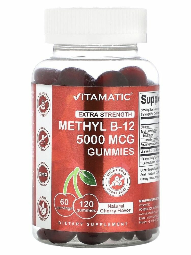 Метилкобаламин B12, со вкусом натуральной вишни, 120 жевательных таблеток (2500 мкг в 1 жевательной таблетке), Vitamatic