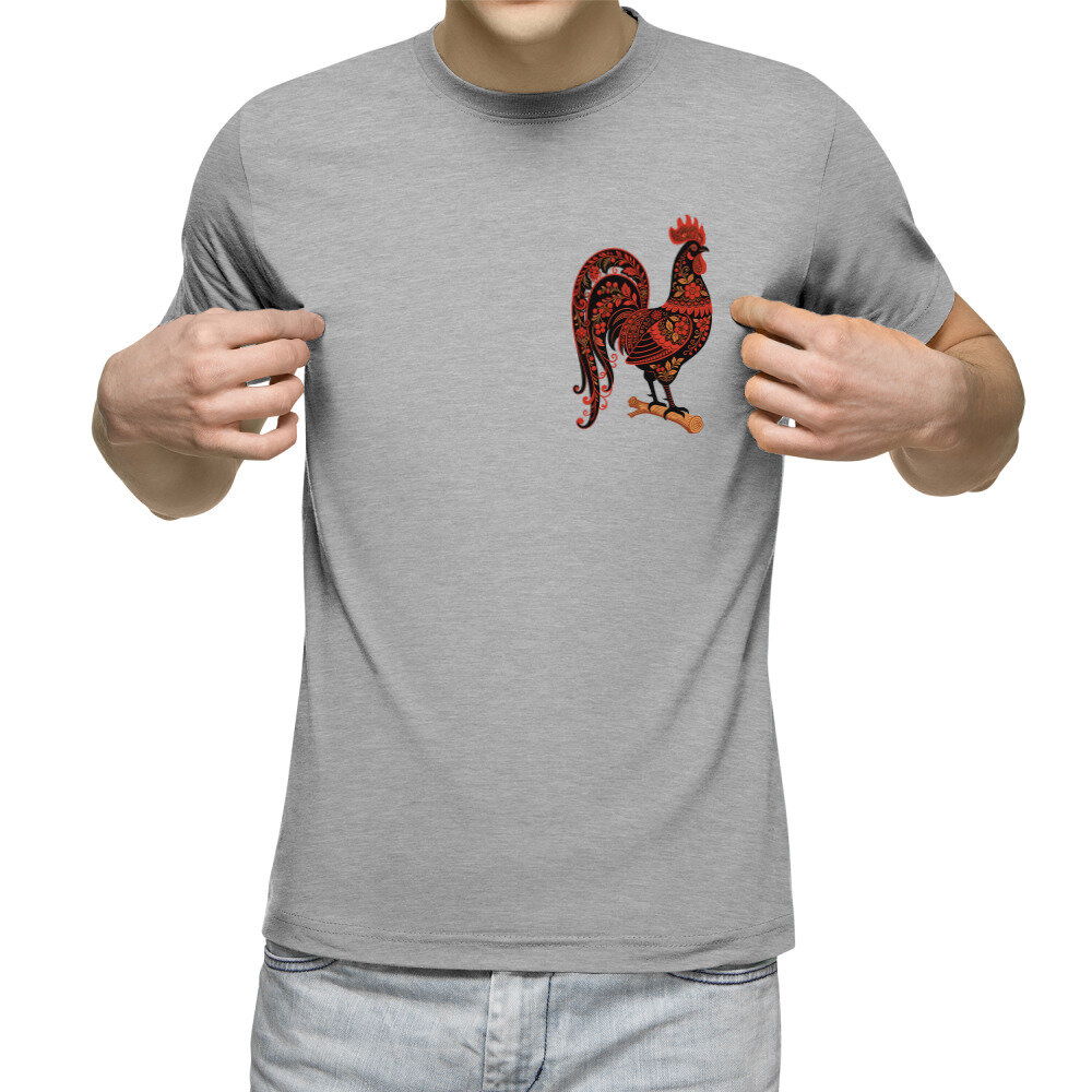 Мужская футболка «Петух, русский стиль Хохлома» (серый меланж, L)