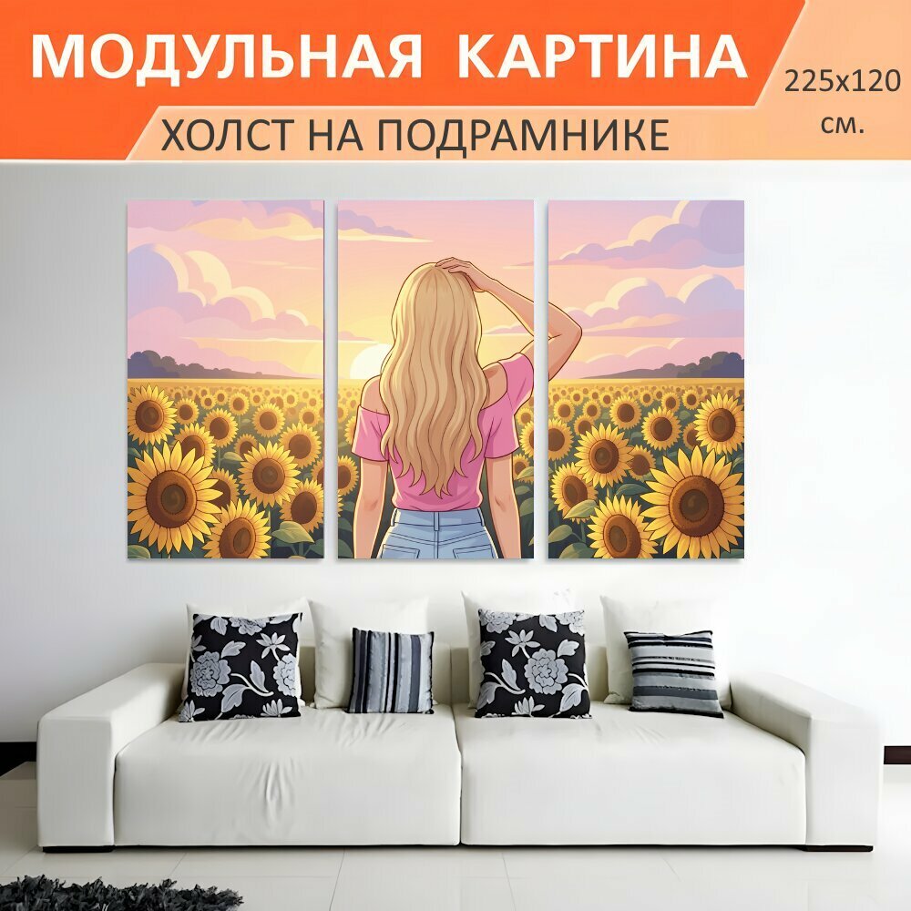 Модульная картина на холсте "Девушка в подсолнуховом поле. Иллюстрация: блондинка со спины стоит среди золотистых цветов под мягким." триптих на подрамнике 225х120 см. для интерьера