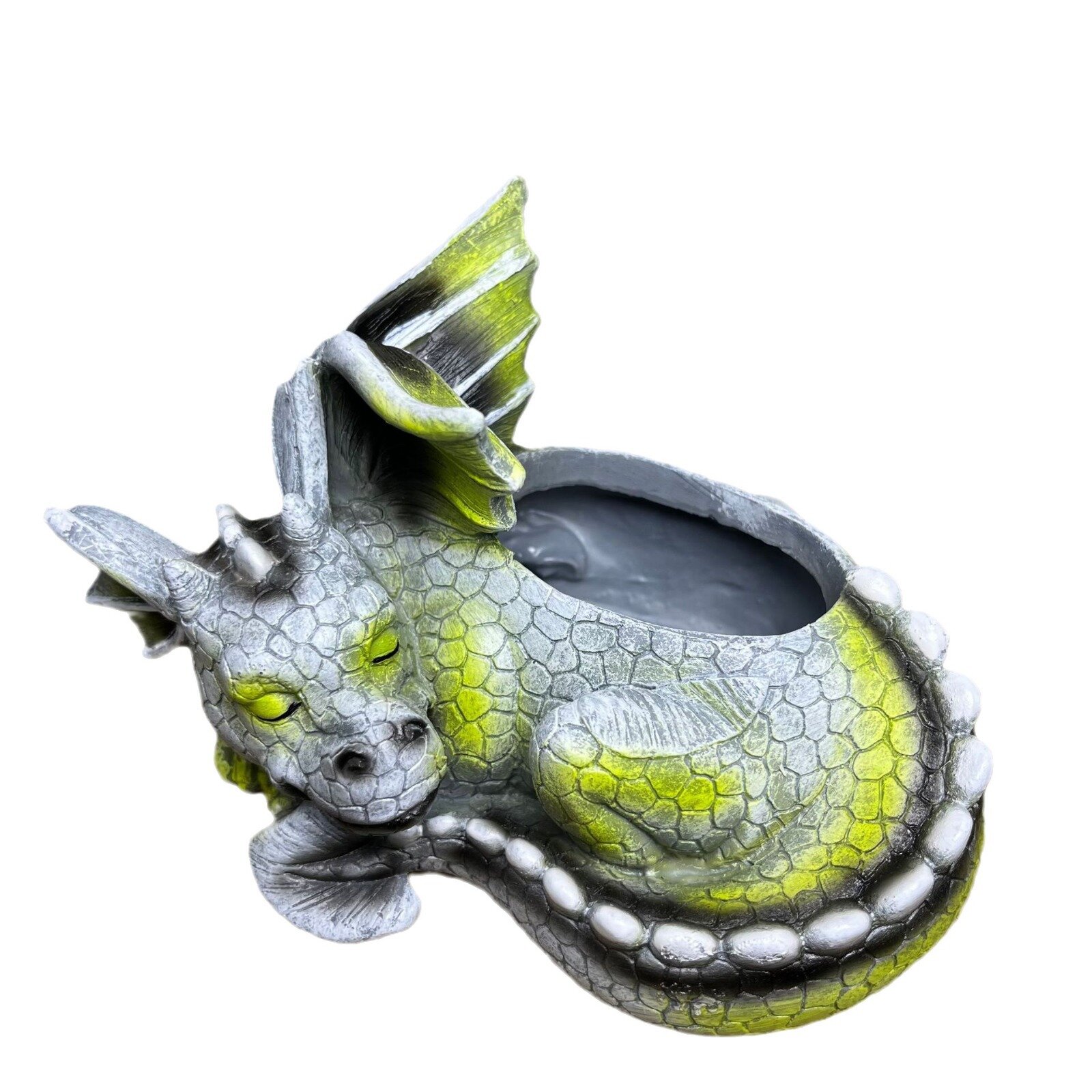 Скульптура спящего дракона для сада, креативная фигурка из смолы для кашпо с чешуйчатой текстурой и крыльями, мифическая статуэтка дракона для украшения патио, двора, балкона, газона и других мест на открытом воздухе.