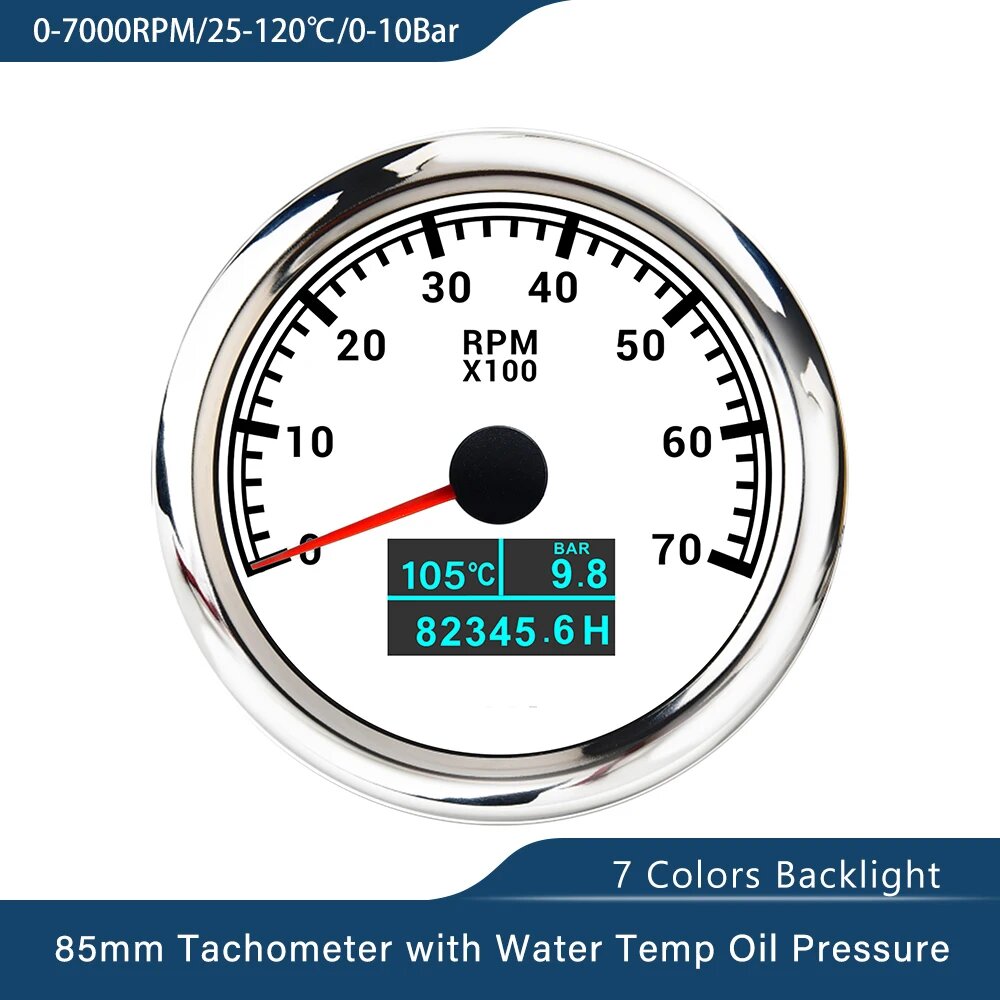 Тахометр 85 мм 0-7000 RPM с датчиком температуры/давления/моточасов, 7 Colors Backlight