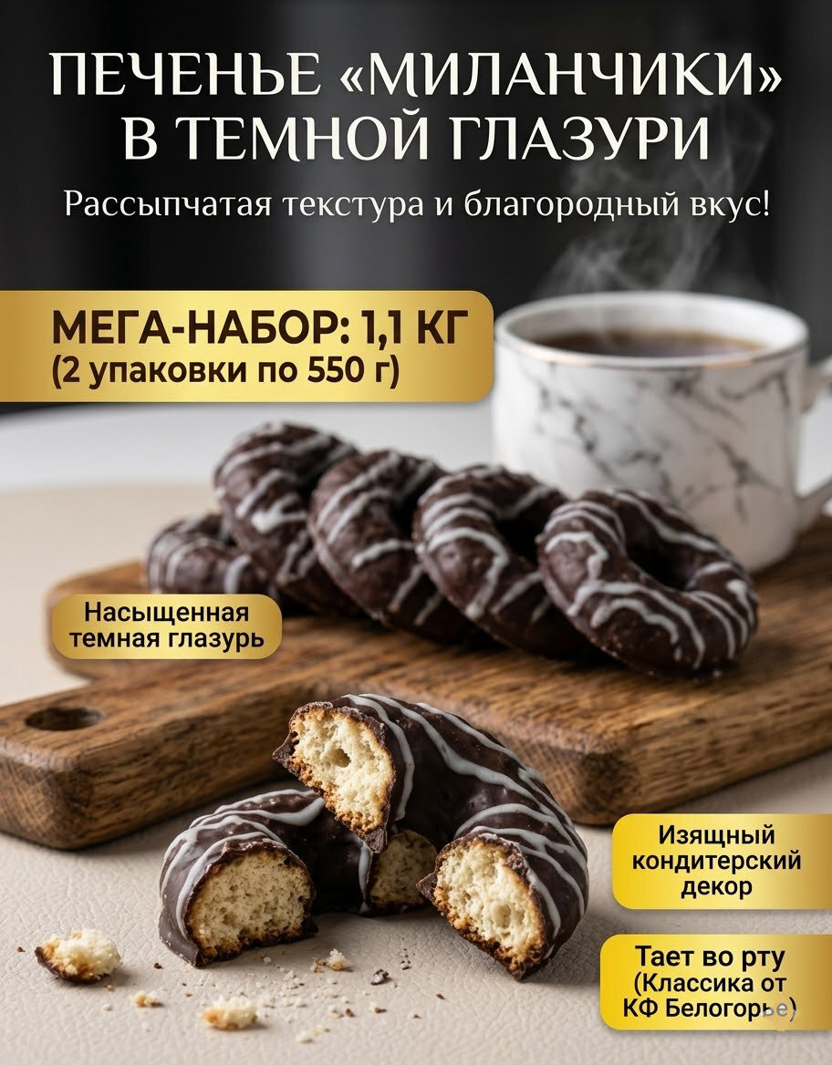 Печенье сахарное глазированное Миланчики 1,1 кг / В темной глазури с декором Белогорье / 2 упаковки