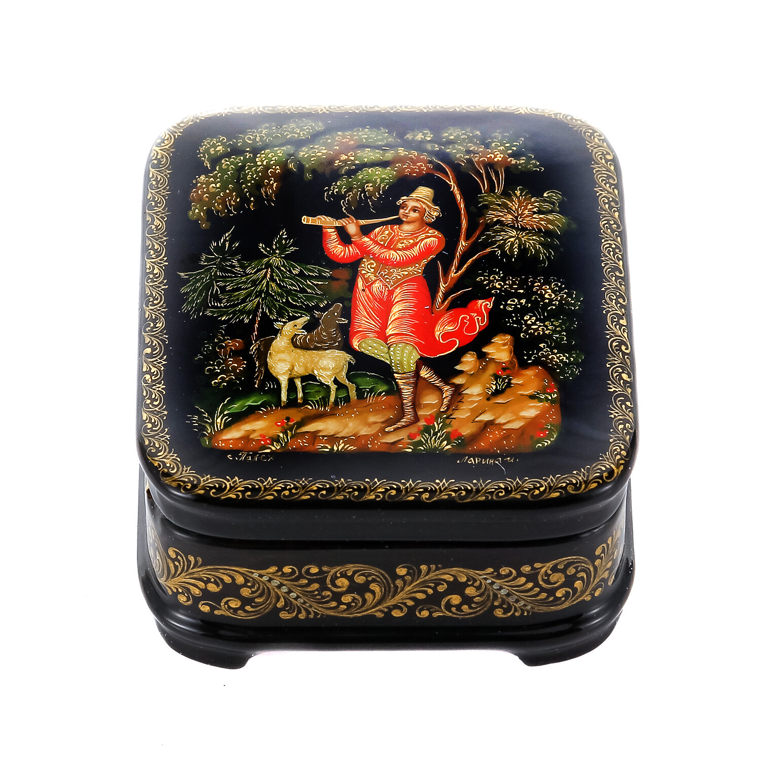 0070102-8*6см Лаковая миниатюра Палех шкатулка "пастушок" Ларина