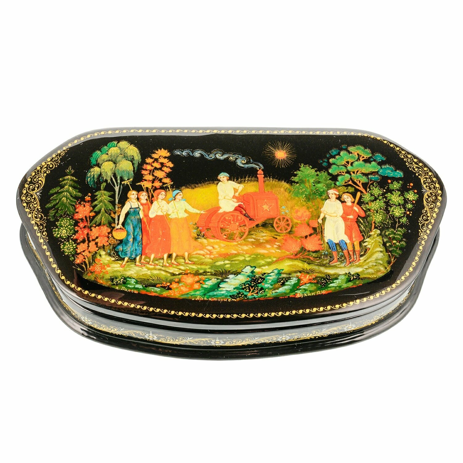 208473/16*8см Лаковая миниатюра Палех шкатулка "Прокати нас Петруша"Мухин