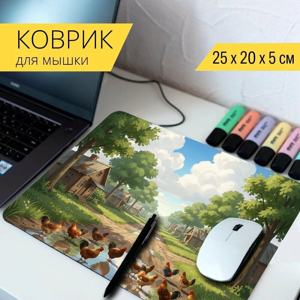 Коврик для мыши с принтом "Деревенская улица с курами. Тихая сельская дорога между деревянными домами и высокими деревьями, лужи после дождя, стая петухов и кур на переднем." 25x20см.