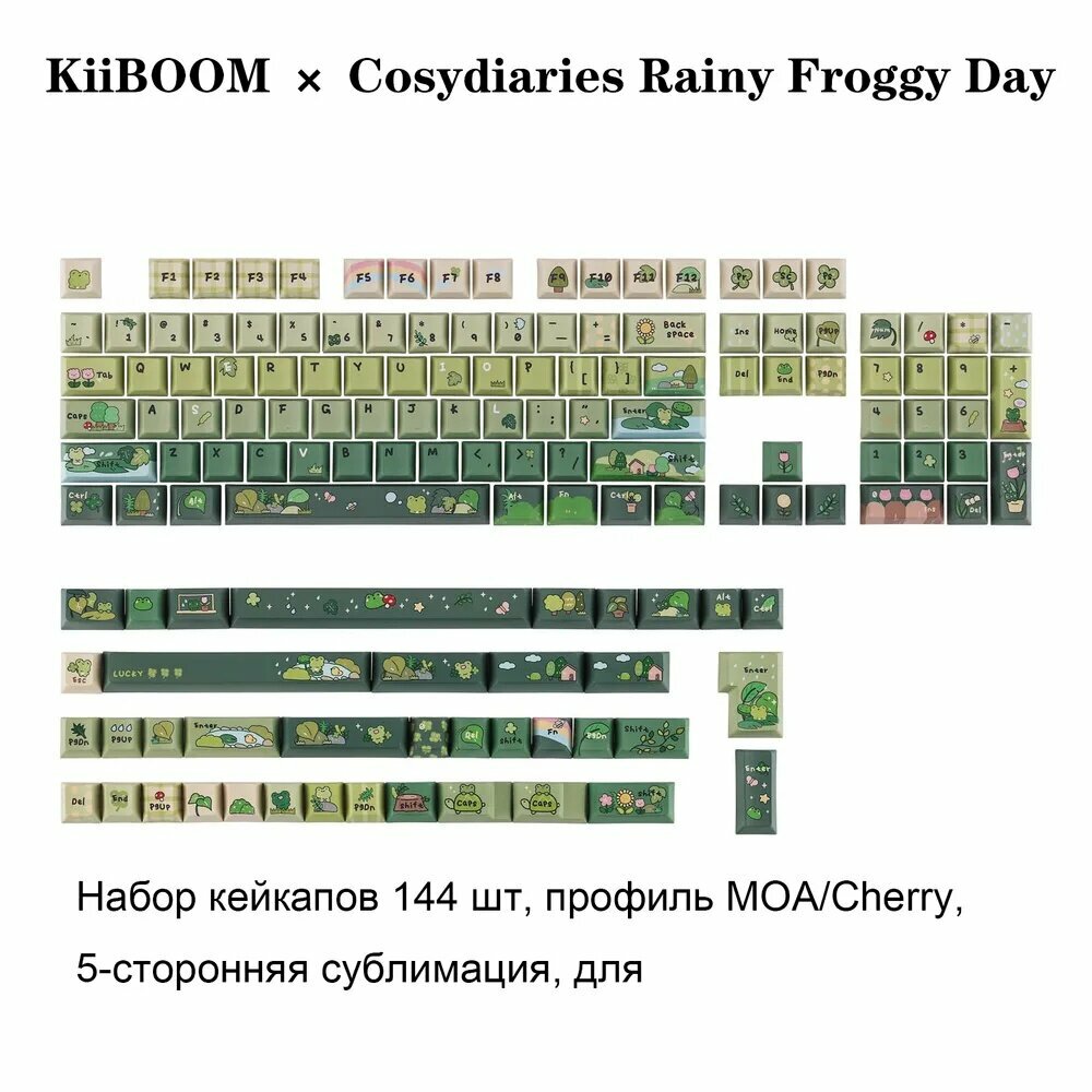 KiiBOOM Cosydiaries Rainy Froggy Day: Набор кейкапов 144 шт, профиль MOA/Cherry, 5-сторонняя сублимация, для 60%/65%/75%/TKL/Full-sized