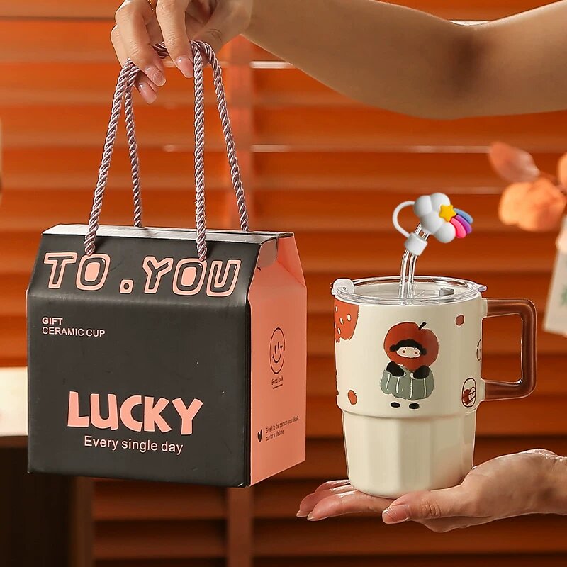 Подарочный набор Lucky для женщин: керамическая чашка с соломкой и крышкой - премиум-чашка для кофе, молока и сока