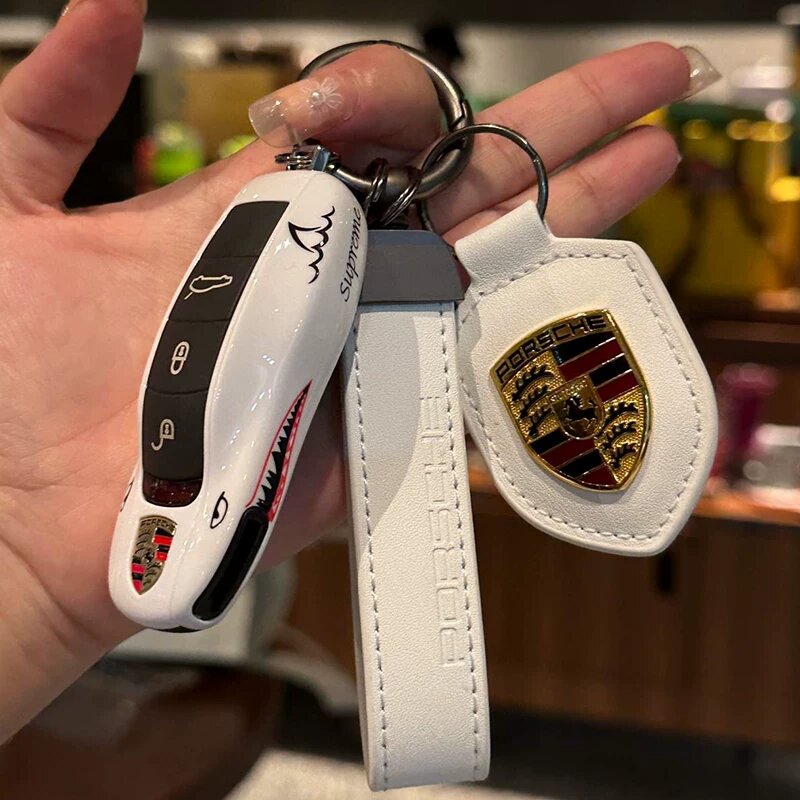 Белый чехол Porsche Shark для ключа с одиночной оболочкой, кожаным ремешком и щитом для Cayenne Macan 911 Taycan