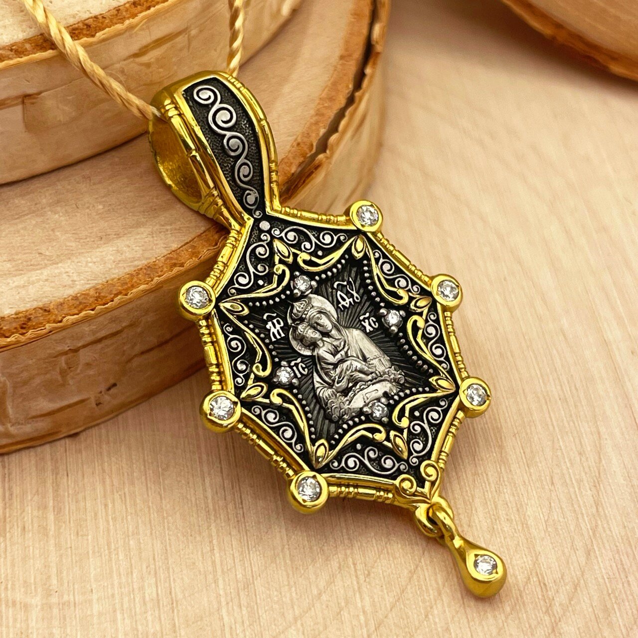 Подвеска, серебро, 925 проба, чернение, оксидирование, золочение, фианит