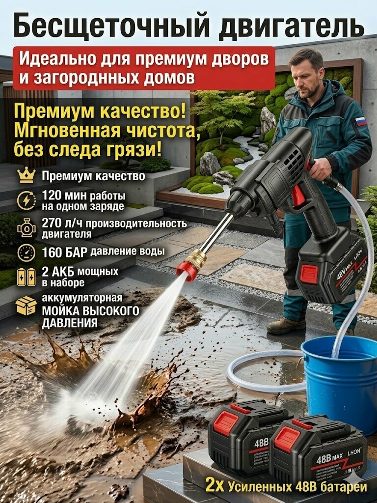 Мойка высокого давления, портативный, аккумуляторный, 1000 Вт, 30 бар