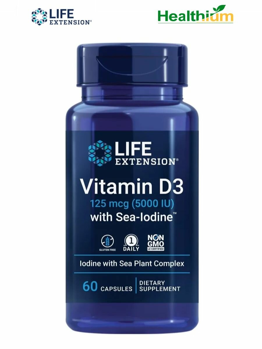 Life Extension Vitamin D3 5000IU with Sea-Iodine 60 капсул Витамин Д3 5000 МЕ + морской йод 1000 мкг